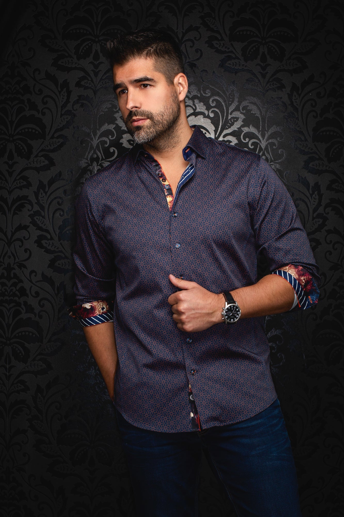Men's long-sleeve Knit shirt by Au Noir | NELUMBO Navy Rust | Available ...
